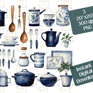 Watercolor Blue Kitchen Clipart - Digital Download Clipart Bundle for ...
