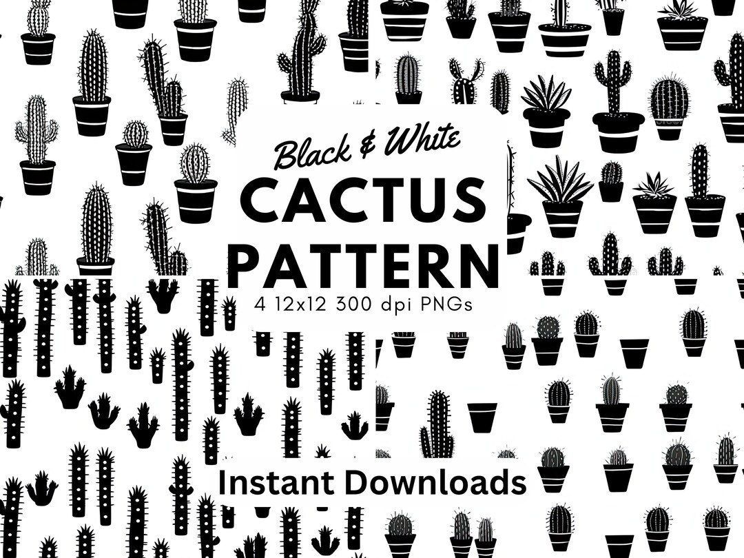 Cactus Seamless Pattern Pack, Black and White Cactus Background ...