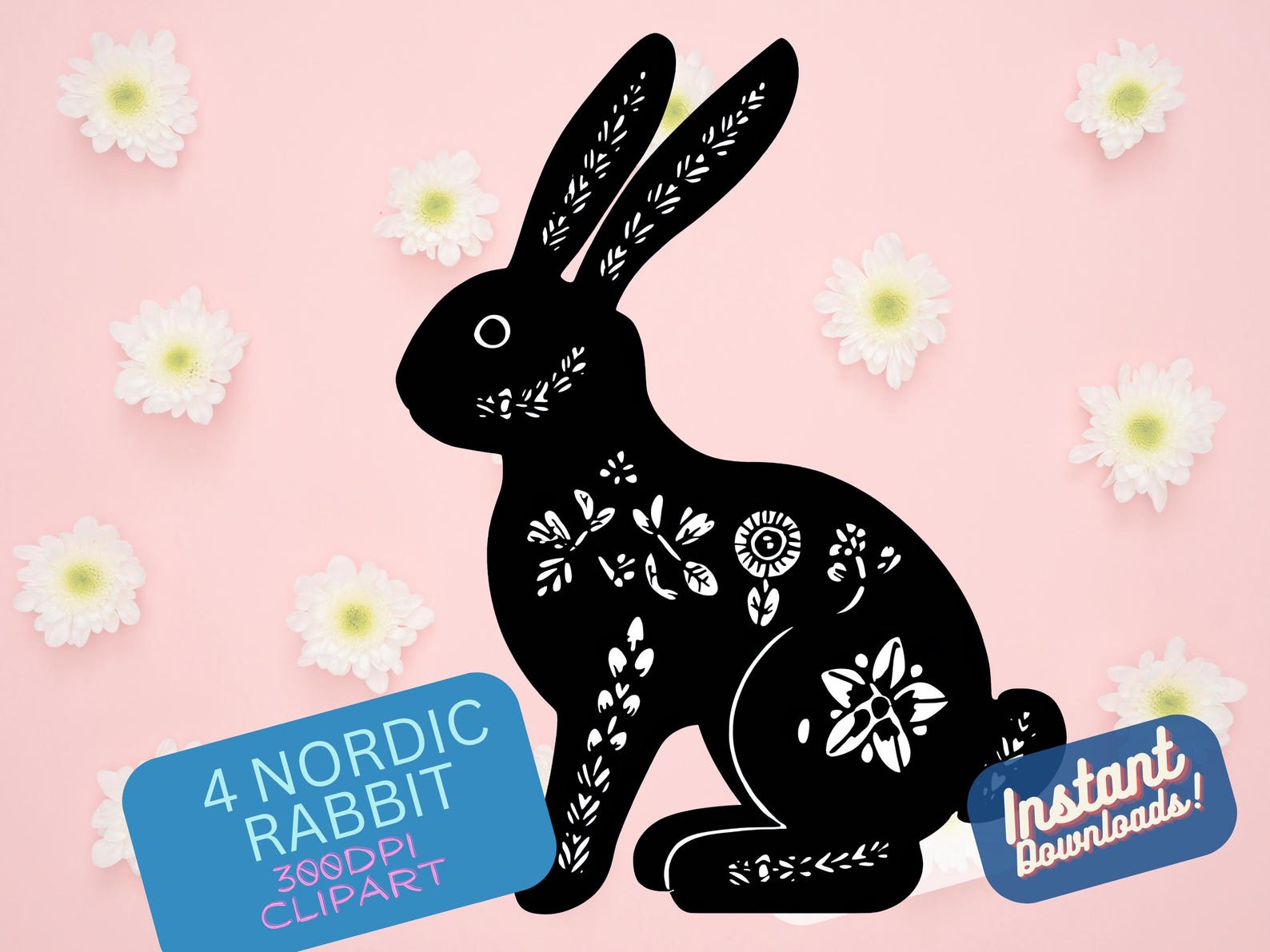 Nordic Rabbit Clipart: Scandinavian Folk Art Bunny Designs (digital ...