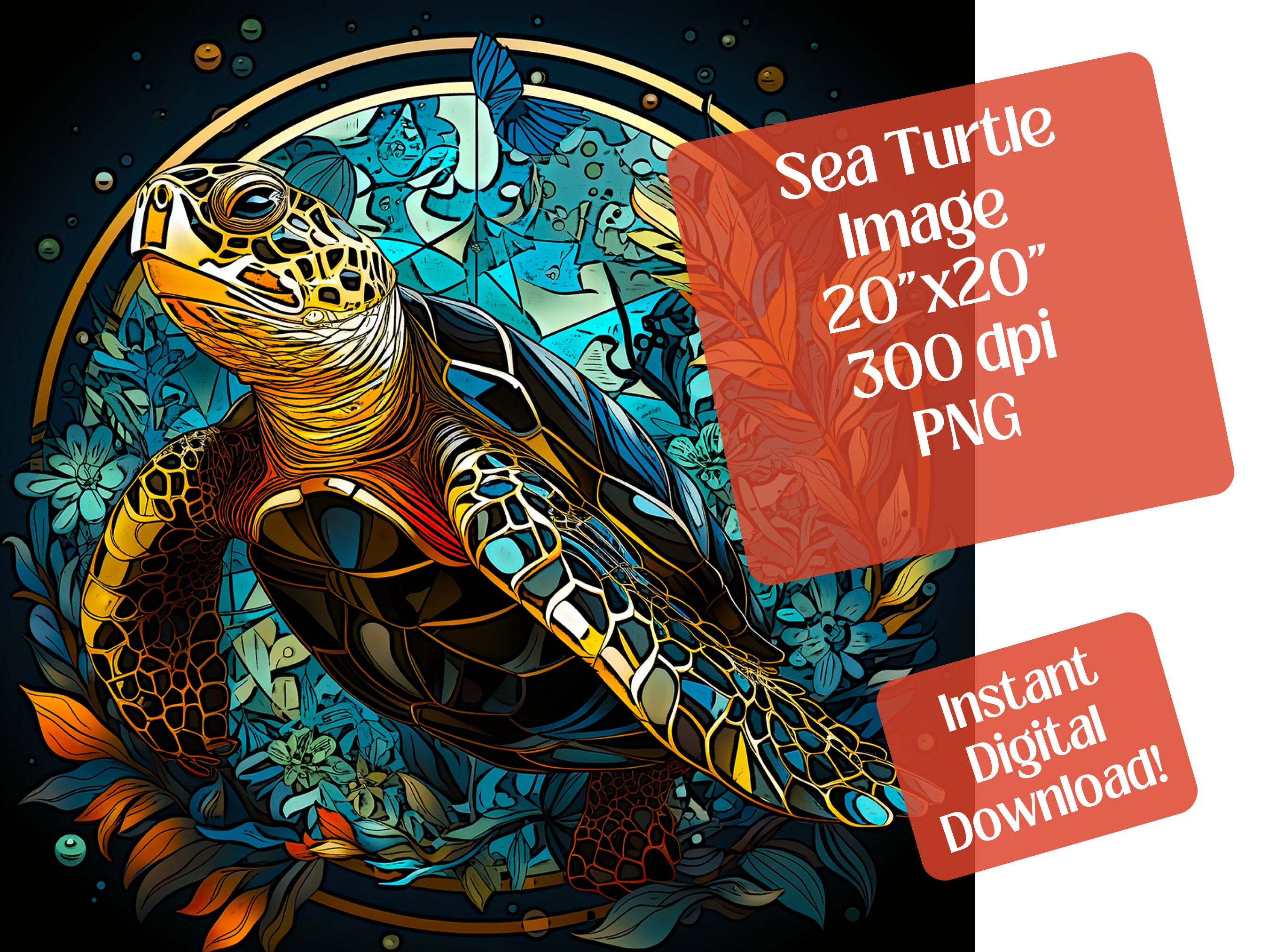 Sea Turtle Digital Art Print 20x20 Inch Printable Wall Decor Ocean ...
