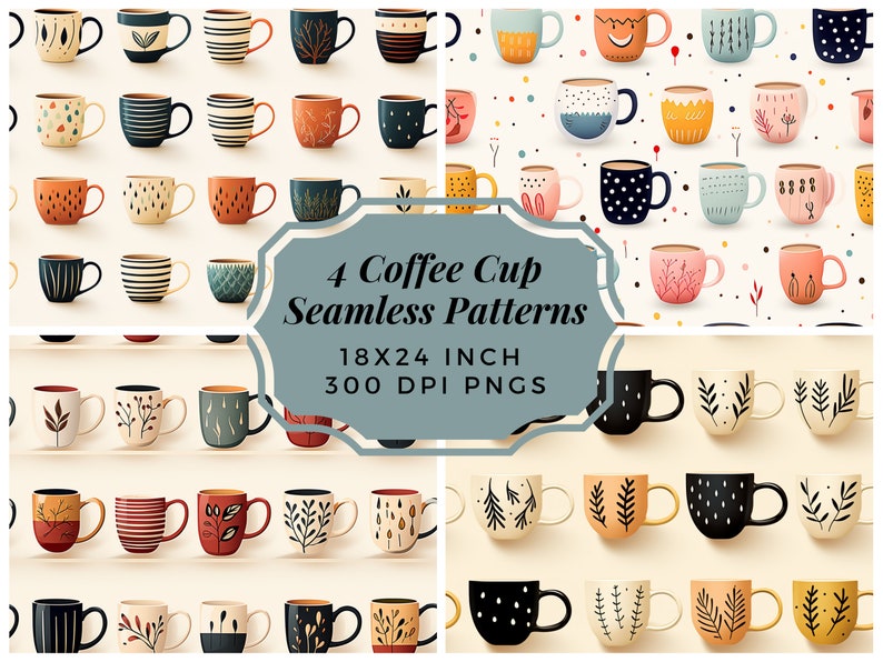 Coffee Cup Seamless Pattern Pack, Cute and Colorful Coffee Background, Printable Digital Paper ...