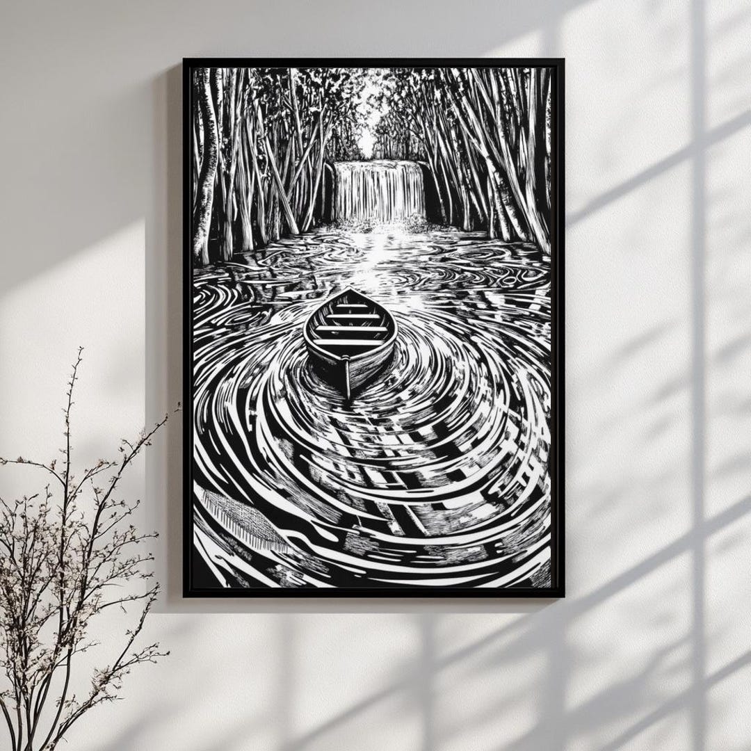 Vintage Canoe Waterfall Print: Black and White River Scene (digital ...
