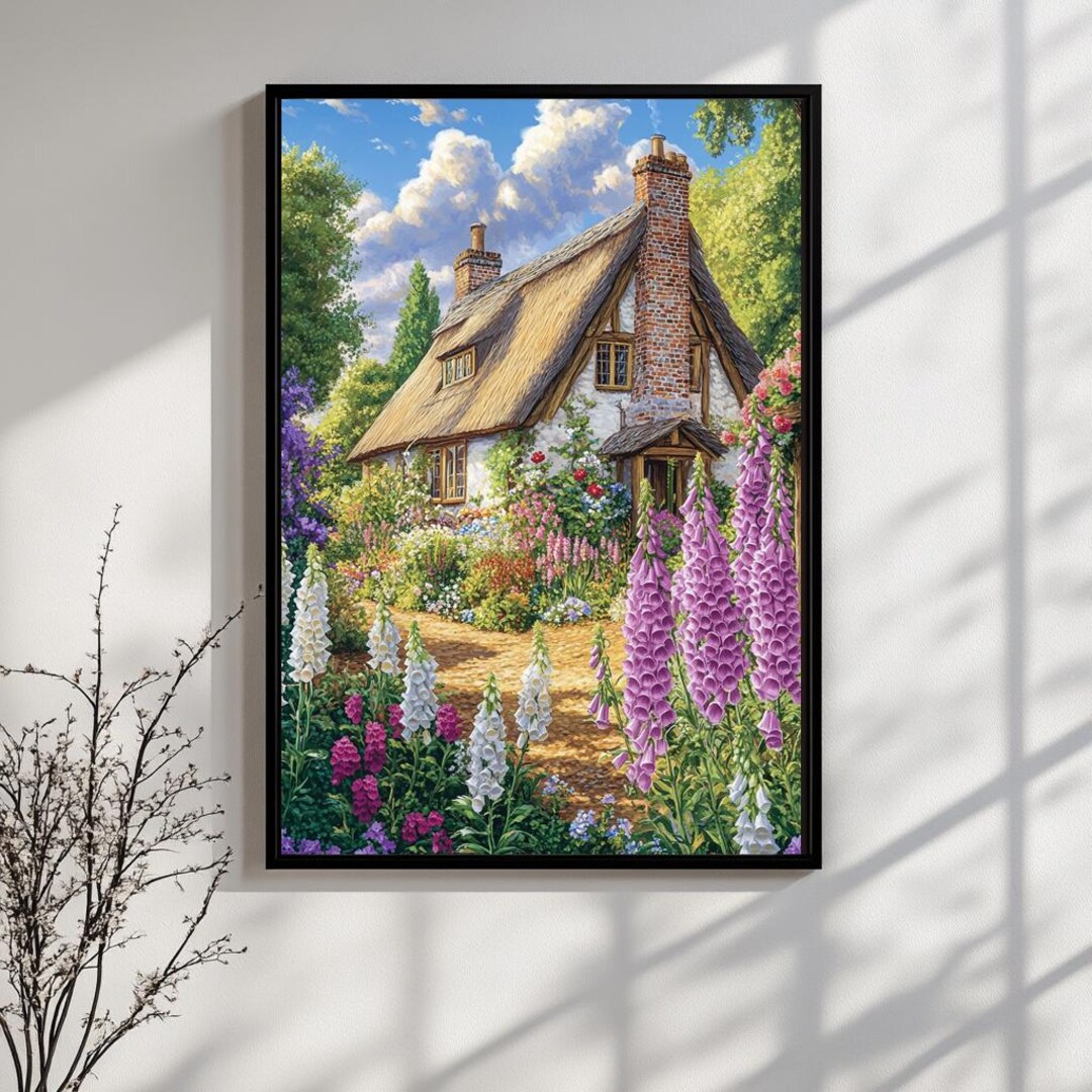 Cottagecore Garden Painting: Thatched Roof Cottage, Floral Landscape ...