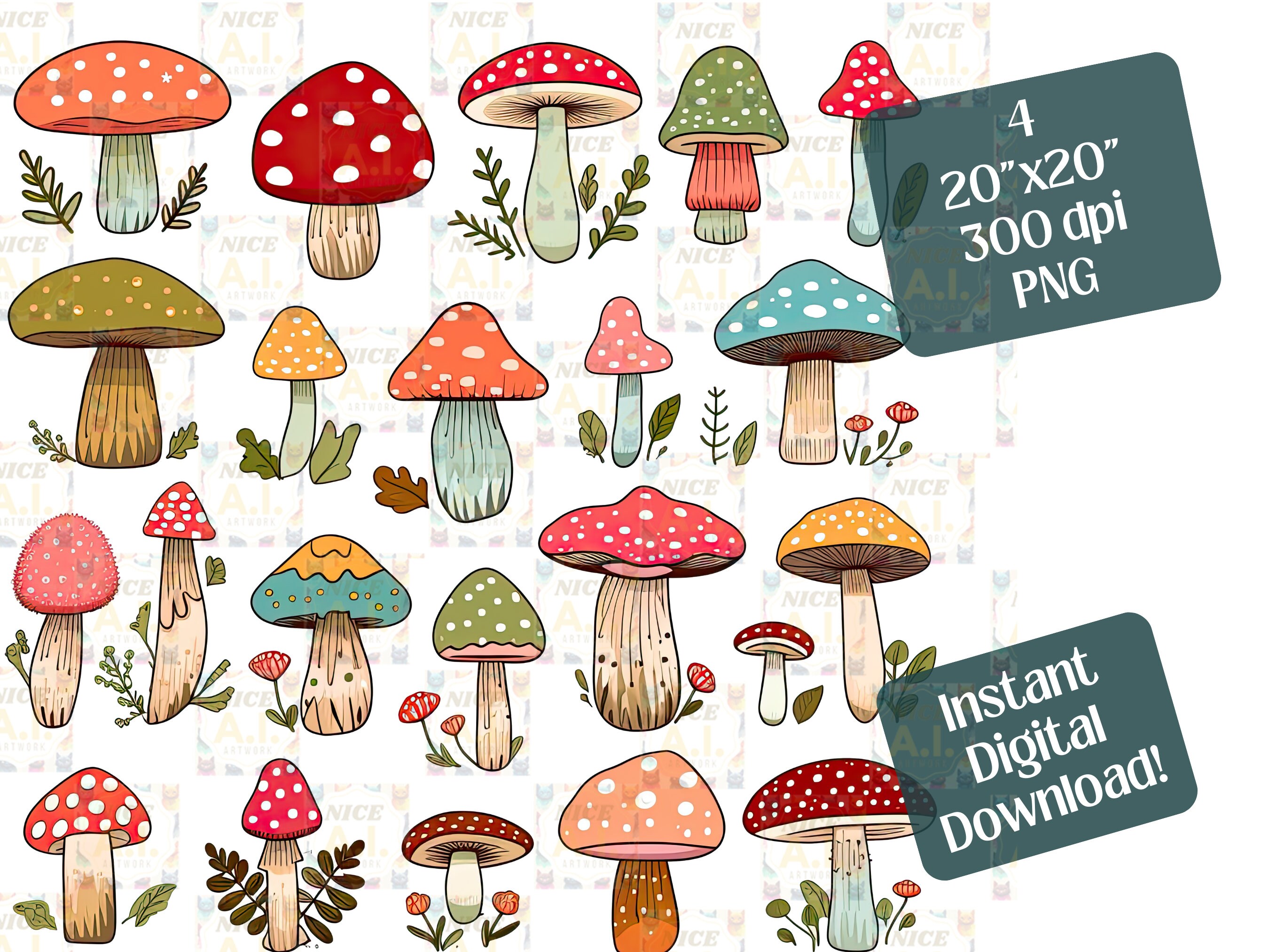 Boho Mushroom Clipart Bundle: Printable PNG Clip Art (digital Download ...