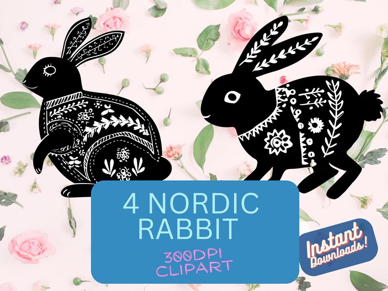 Nordic Rabbit Clipart: Scandinavian Folk Art Bunny Designs (digital ...