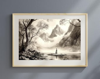 PRINTABLE Chinese Ink Painting | Mountains and River Landscape Wall Art ...