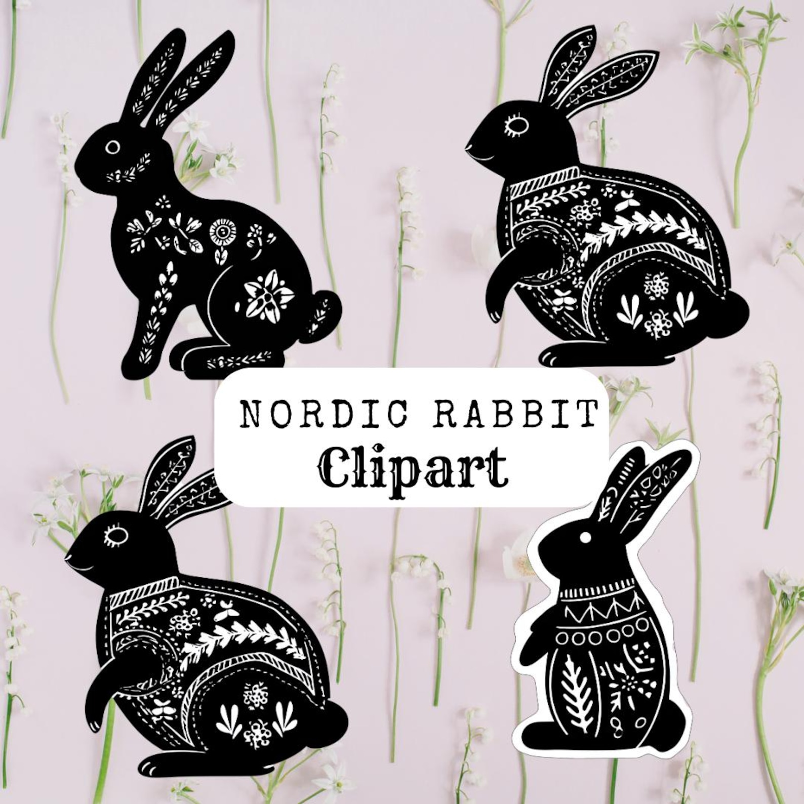 Nordic Rabbit Clipart: Scandinavian Folk Art Bunny Designs (digital ...