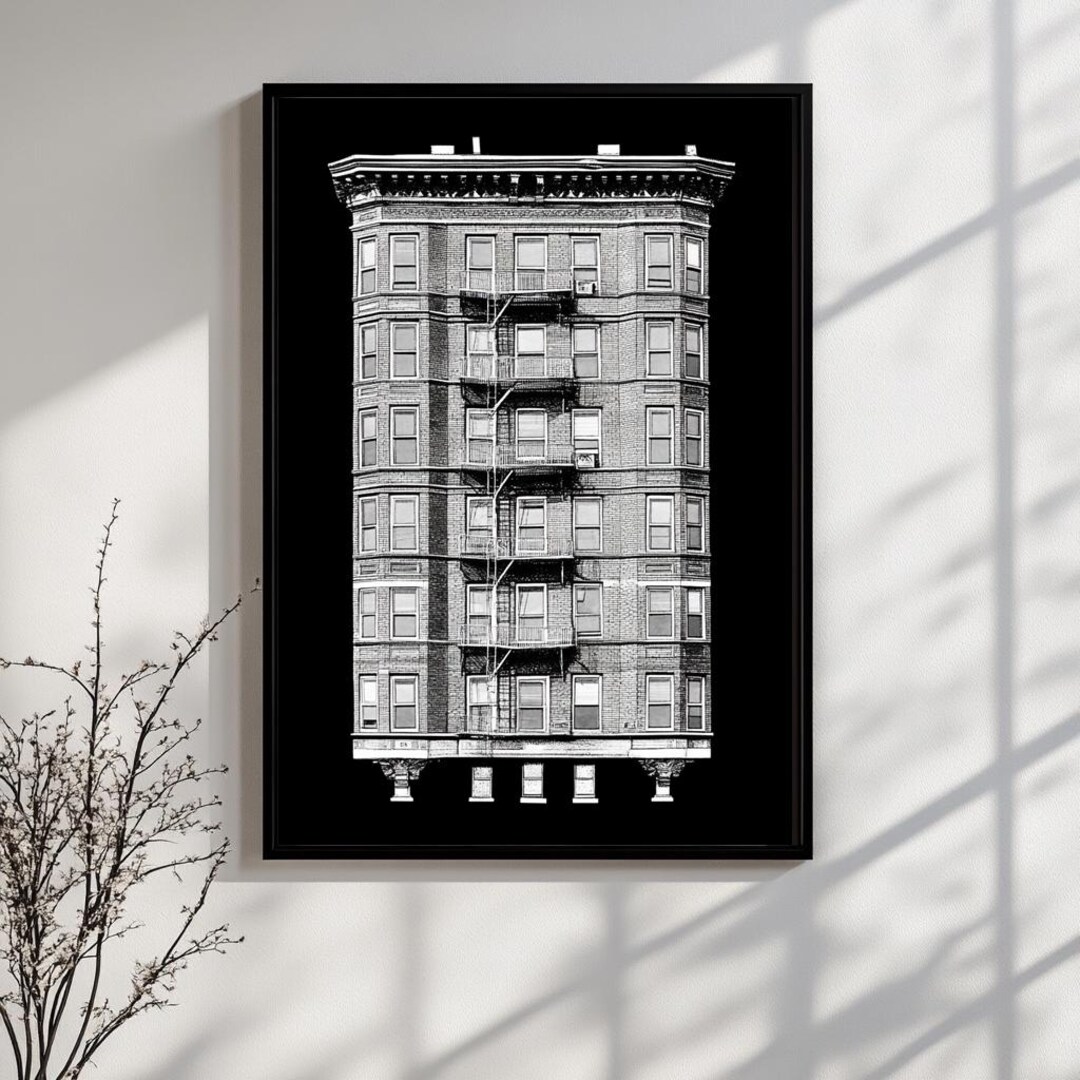 Vintage City Building Print: Black & White Architecture Illustration ...