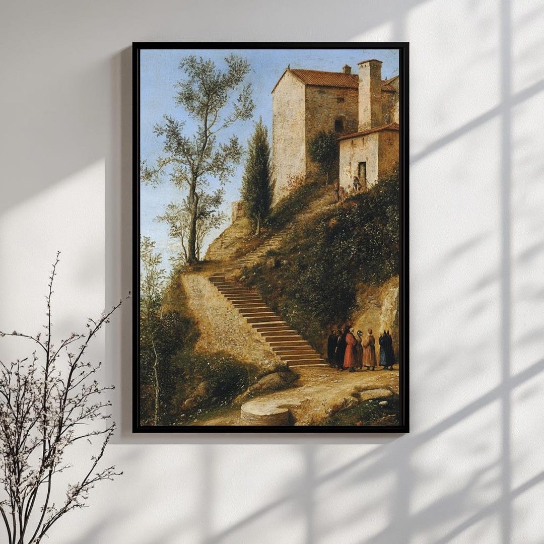 Printable Vintage European Landscape Art - Rustic Hilltop Village, Old ...
