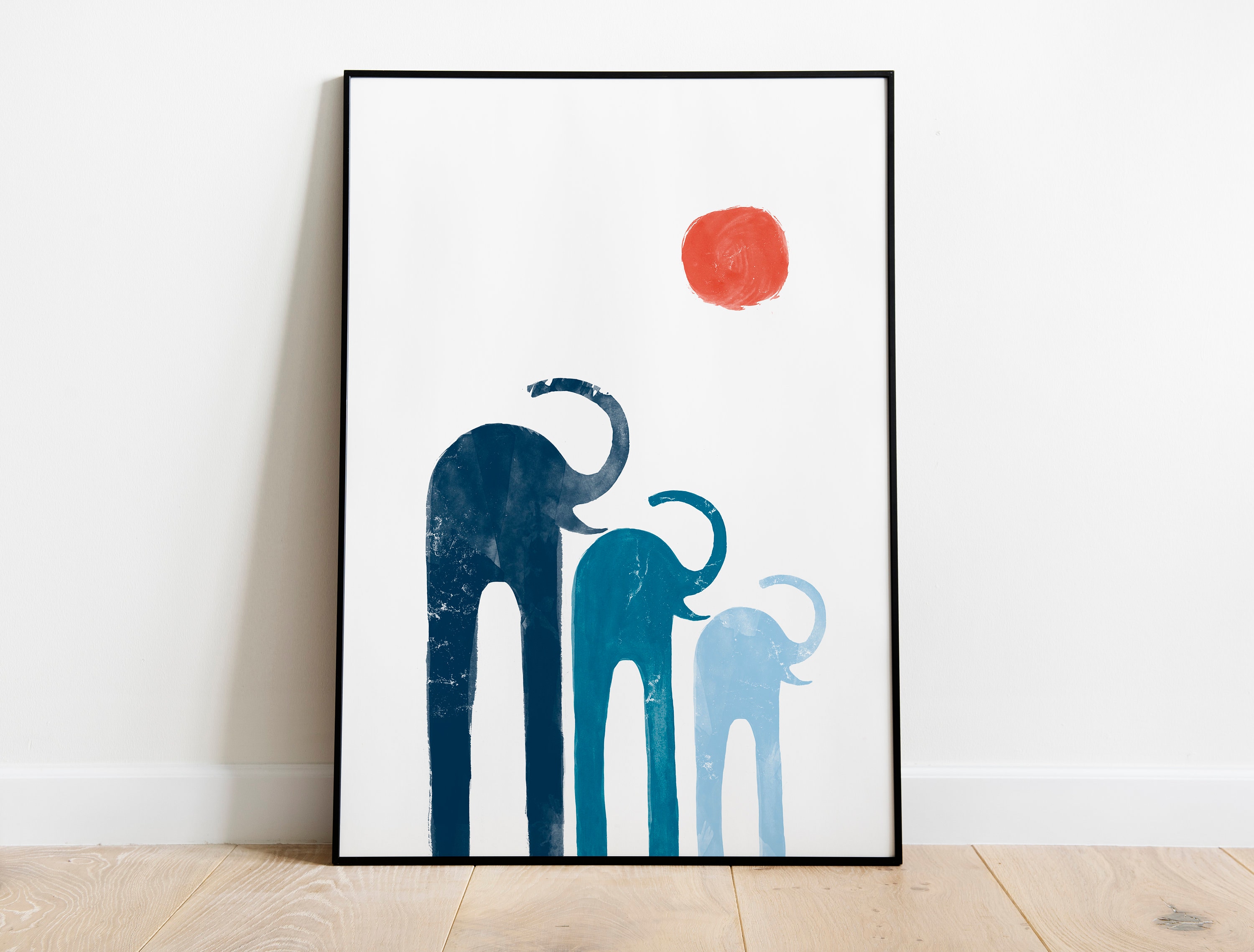 Blue Elephants | Wall Art Print | Watercolour Nature Ink Painting ...
