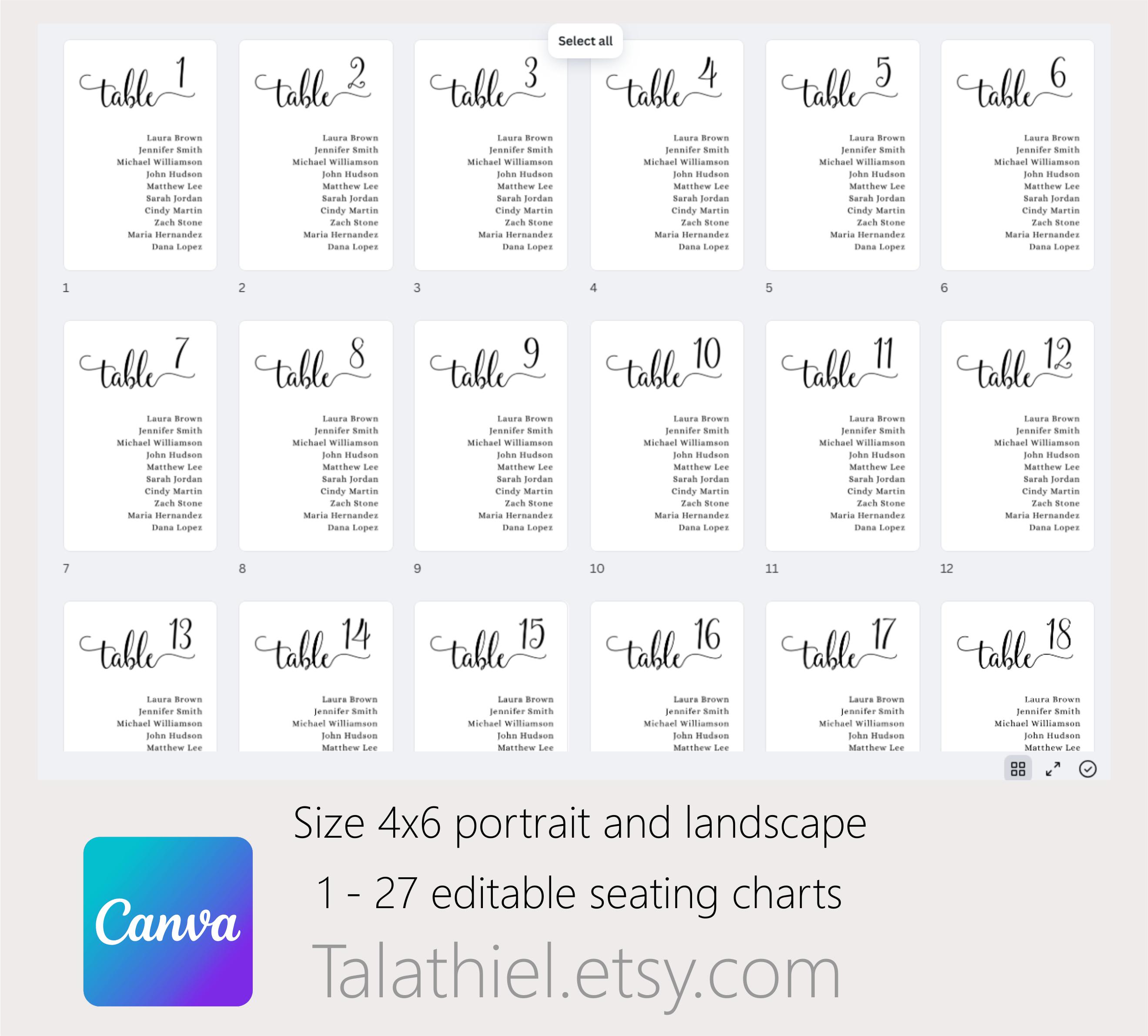 Seating Chart Template for Wedding, 4x6 Horizontal & Vertical (editable ...