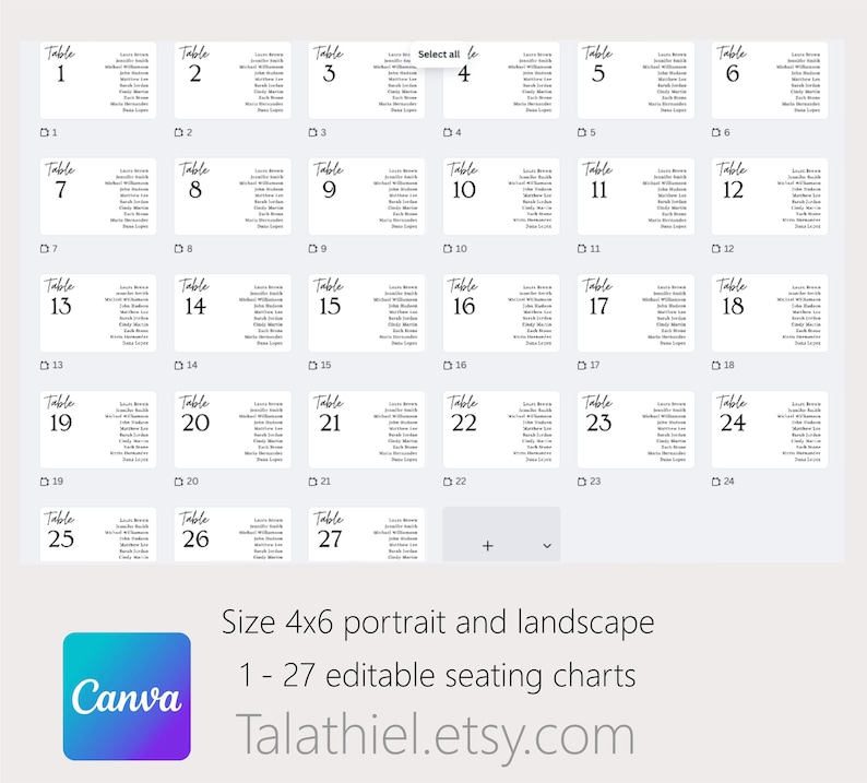 Elegant Wedding Seating Chart Template: 4x6 Portrait/landscape (digital ...