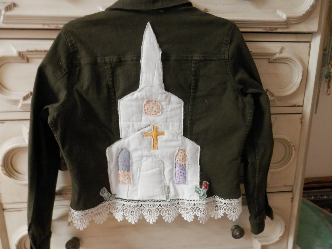 Olive Green Upcycled Denim Jacket W/church Applique - Somona Size ...