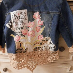 Upcycled Denim Jacket - Berek PS - Scripture Psalm 34:14 - Antique Lace ...