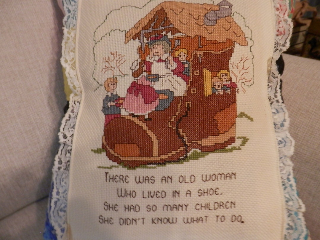 Vintage Old Woman Who Lived in Shoe Cross Stitch Decor Pillow 18x15 ...