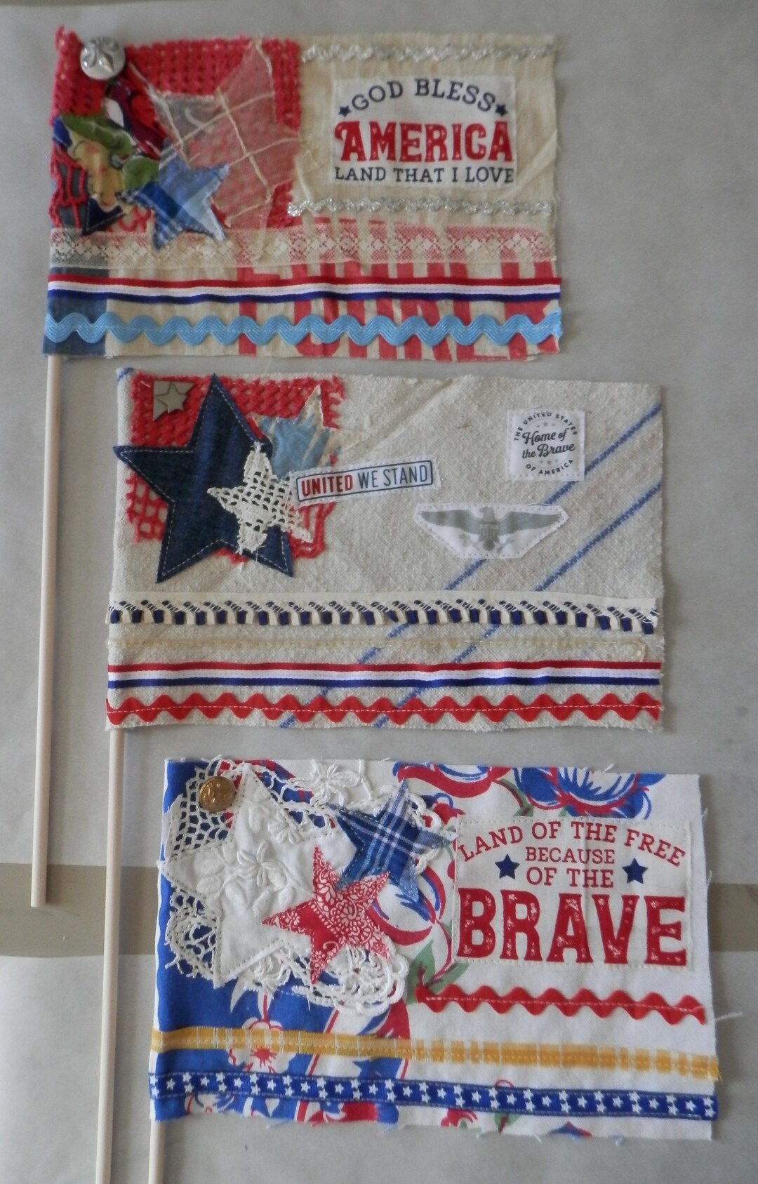 Flags (set/3)-shabby Handmade Patriotic Americana Decor Unique Upcycled ...