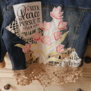 Upcycled Denim Jacket - Berek PS - Scripture Psalm 34:14 - Antique Lace ...