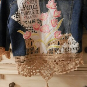 Upcycled Denim Jacket - Berek PS - Scripture Psalm 34:14 - Antique Lace ...