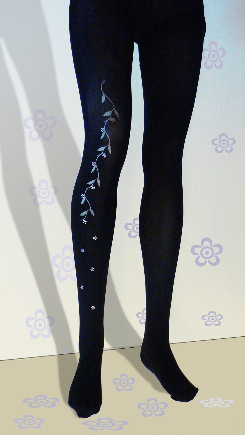 Flower Tights Studded & Printed Flowers Embellished Tights | Etsy