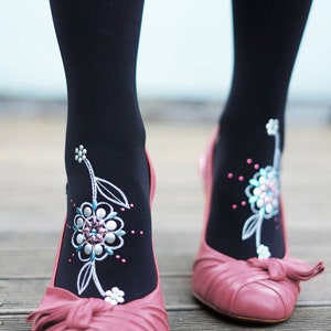Embellished Tights Studded and Printed Daisy Flower Foot Tattoo Tights ...