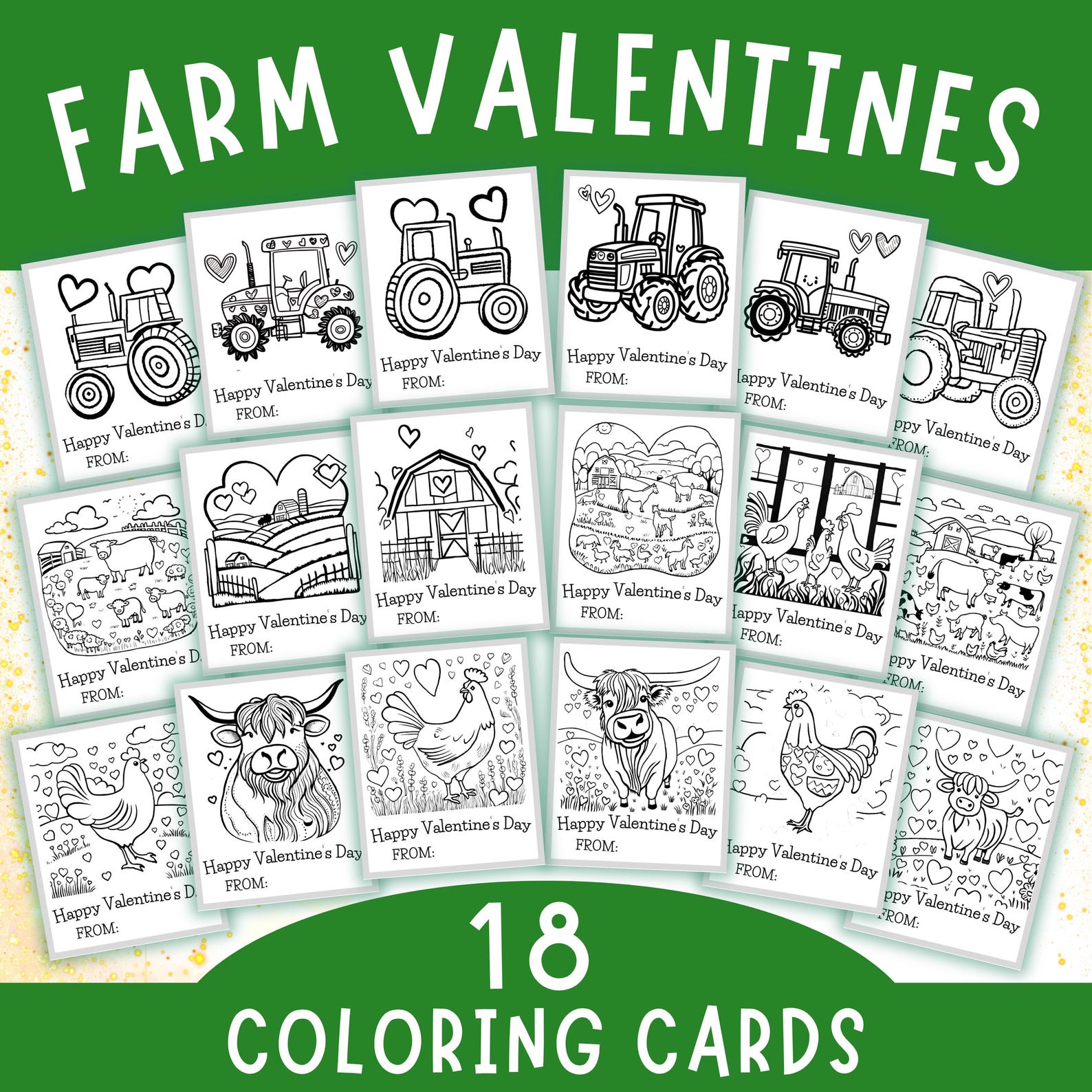 Farm Valentine Coloring Cards: Tractor, Cow, Chicken (printable PDF) - Etsy