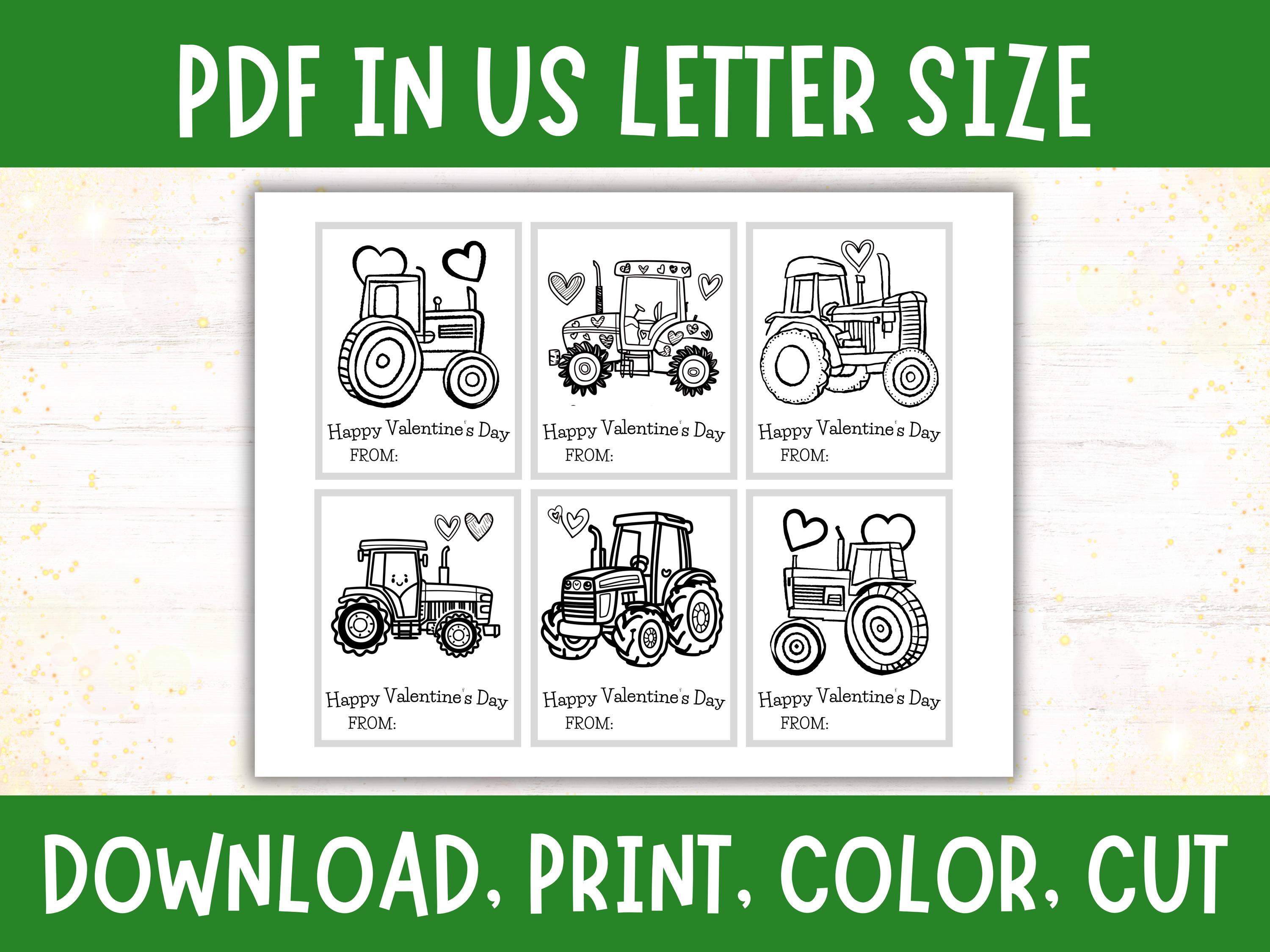 Tractor Valentine Coloring Cards: Kids Classroom Exchange (PDF) - Etsy