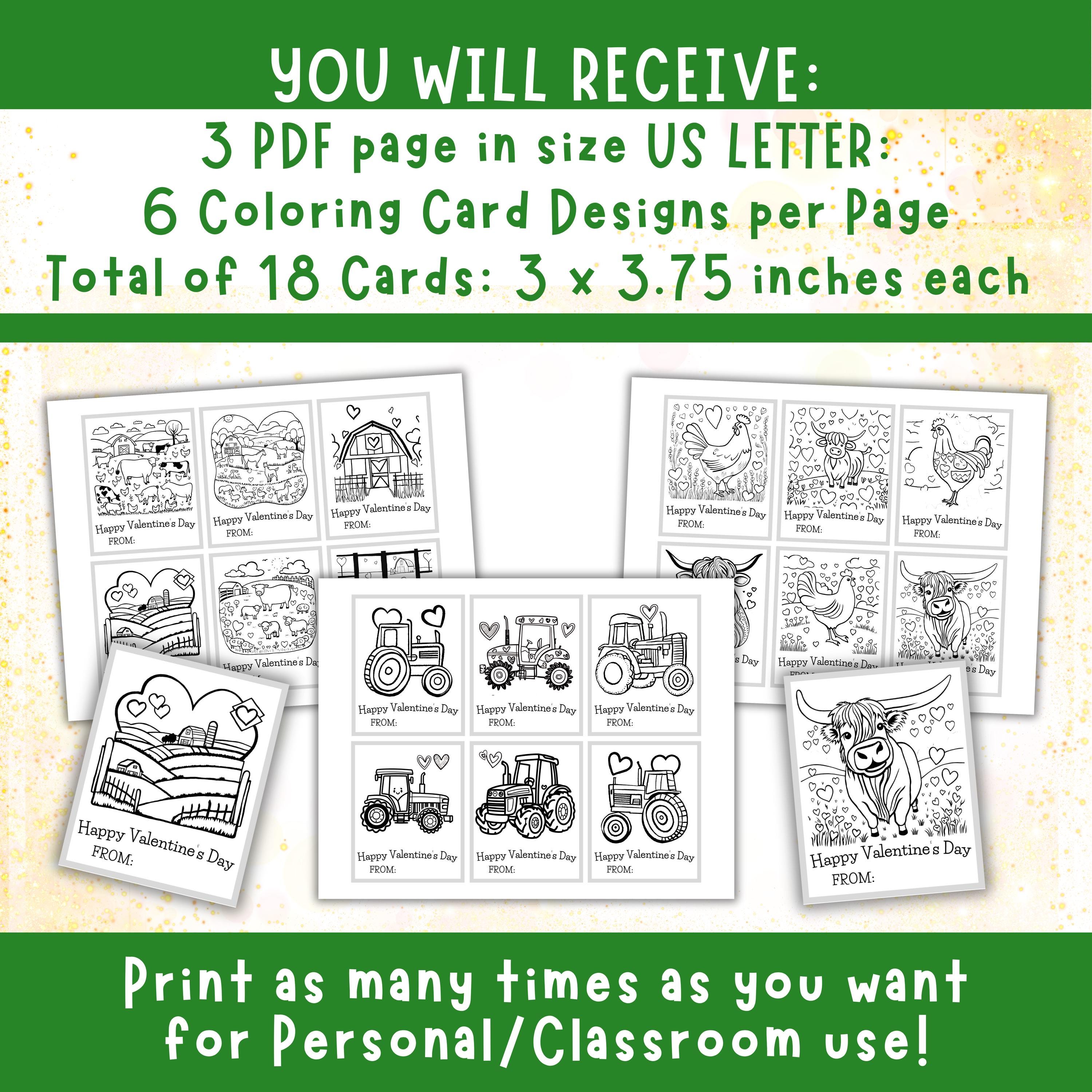 Farm Valentine Coloring Cards: Tractor, Cow, Chicken (printable PDF) - Etsy