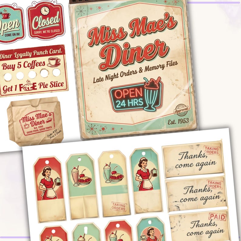Junk Journal Writing Pages and Ephemera | Retro 50s Diner Kit ...