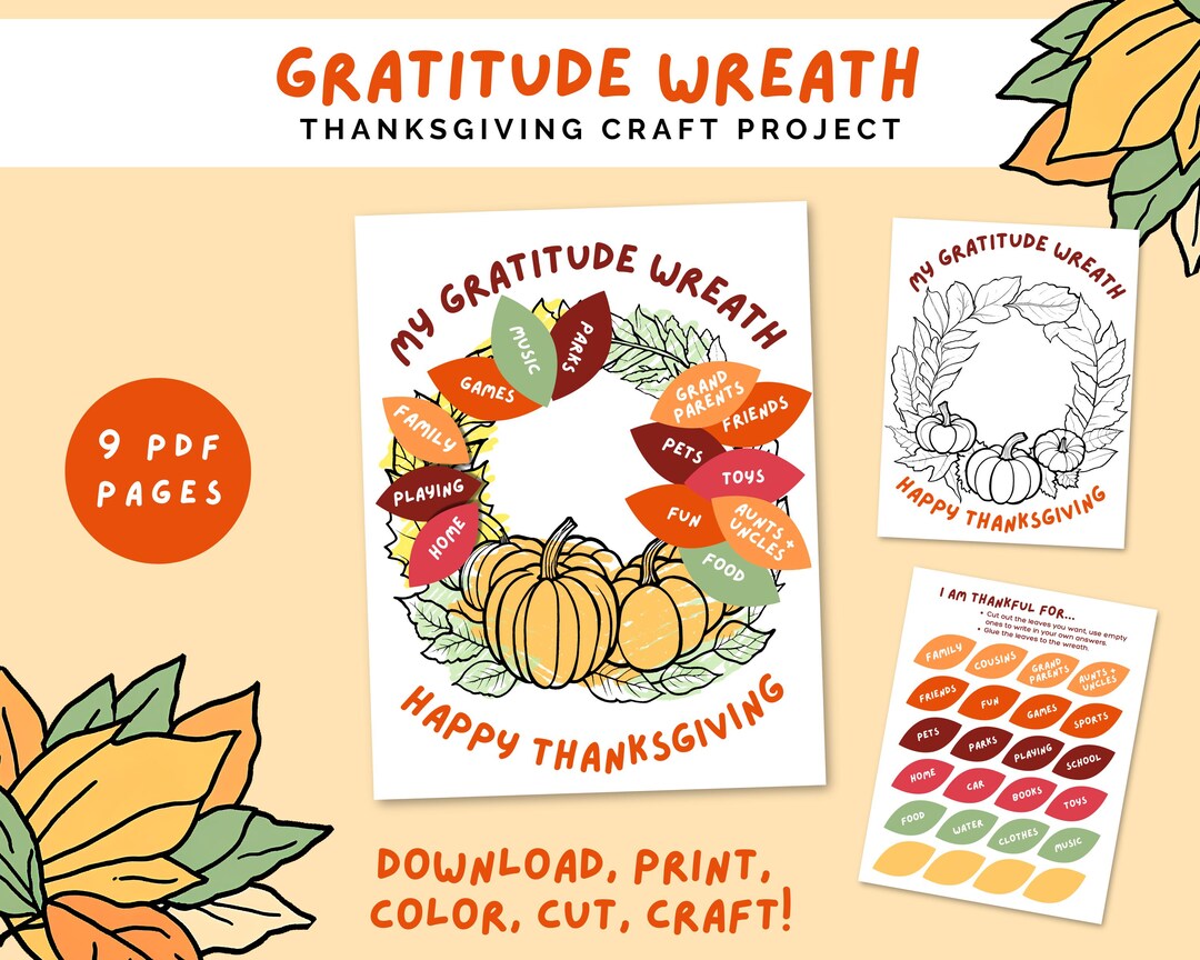 Thanksgiving Gratitude Wreath Craft: Preschool Coloring Template (PDF ...