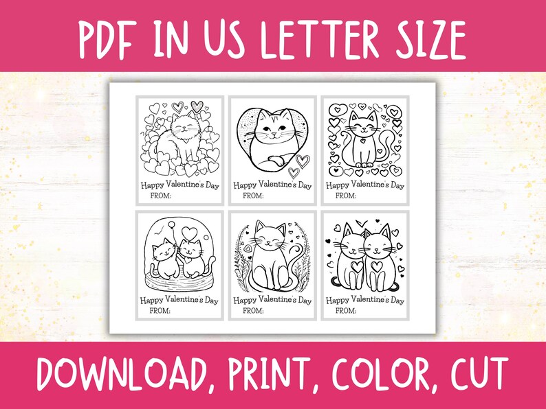 Cat Valentine Coloring Cards: Printable Kitty Class Exchange (PDF) - Etsy