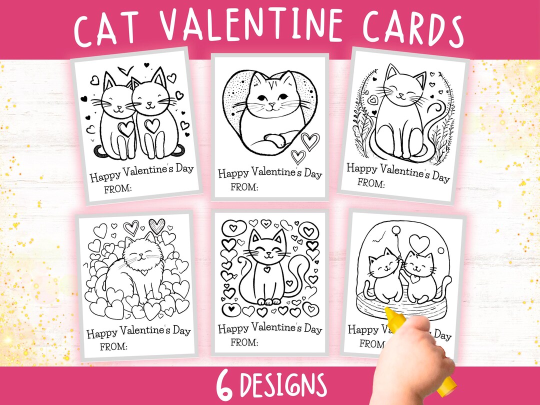 Cat Valentine Coloring Cards - Printable Kitty Cards for Class Exchange ...