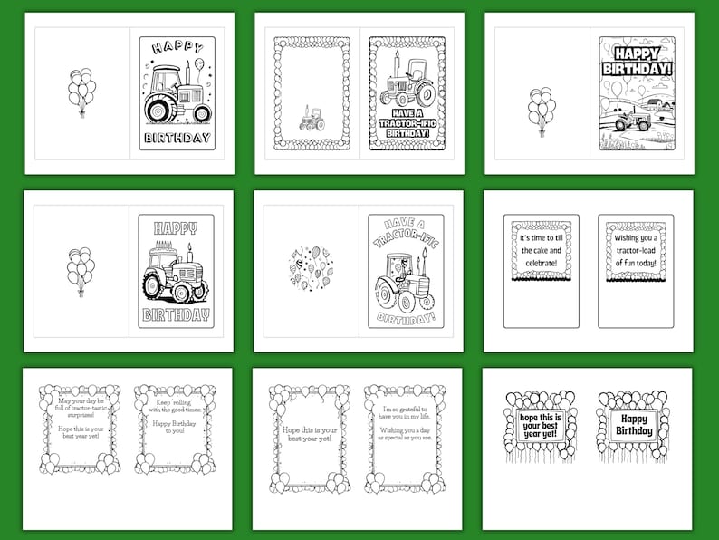 Tractor Birthday Cards to Color - Set of 5 Coloring Tractor Cards ...