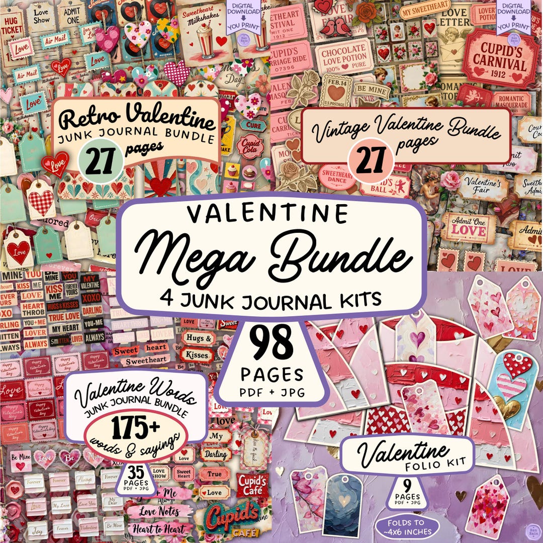 Mega Valentine Junk Journal Bundle • 98 Printable Pages (PDF & JPG ...