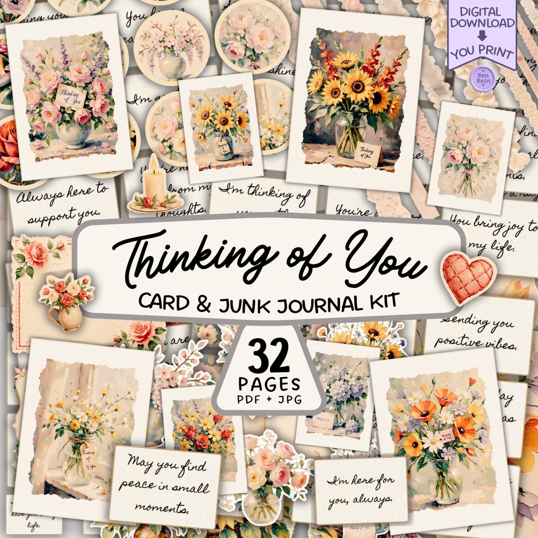 Thinking of You Card Kit, Floral Ephemera, Sympathy Cards (32 Page PDF ...