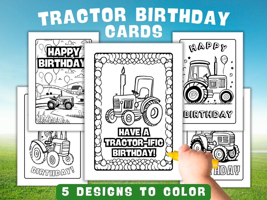 Tractor Birthday Cards to Color - Set of 5 Coloring Tractor Cards ...