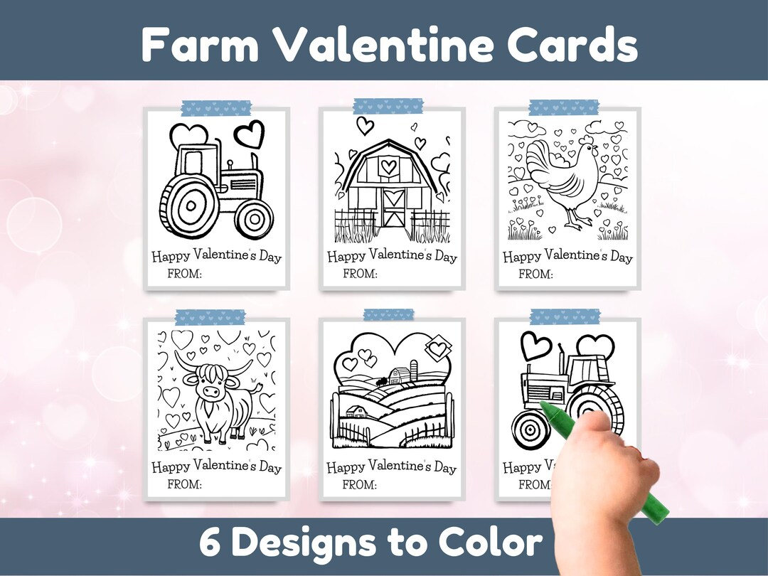 Farm Valentine Coloring Cards - Printable Tractor, Highland Cow ...