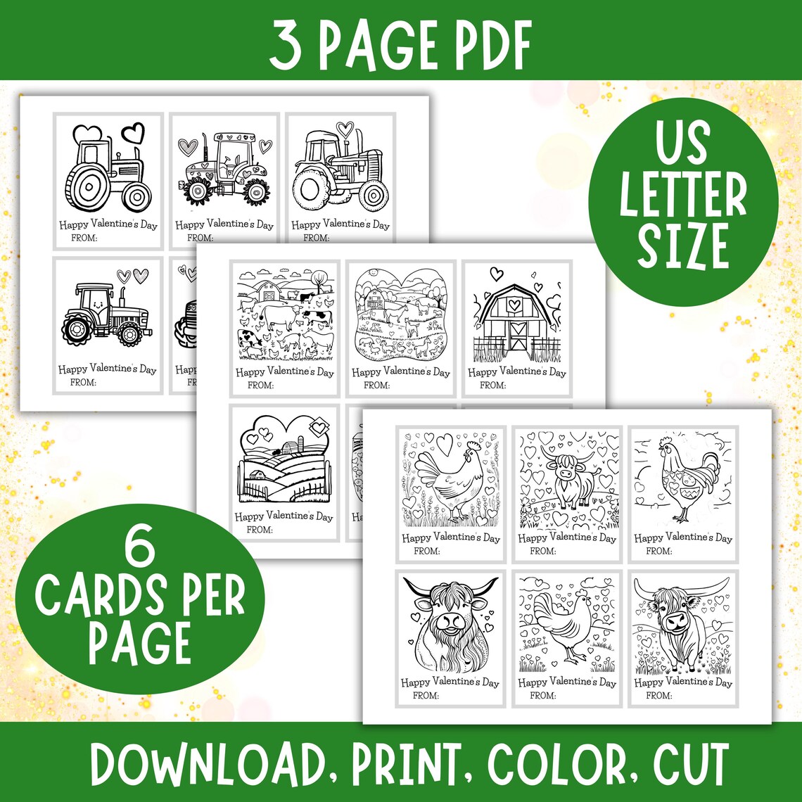 Farm Valentine Coloring Cards: Tractor, Cow, Chicken (printable PDF) - Etsy