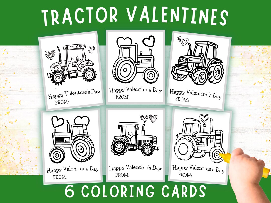 Tractor Valentine Coloring Cards - Printable Valentine's Day Card Set ...