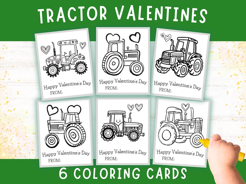 Tractor Valentine Coloring Cards - Printable Valentine's Day Card Set ...