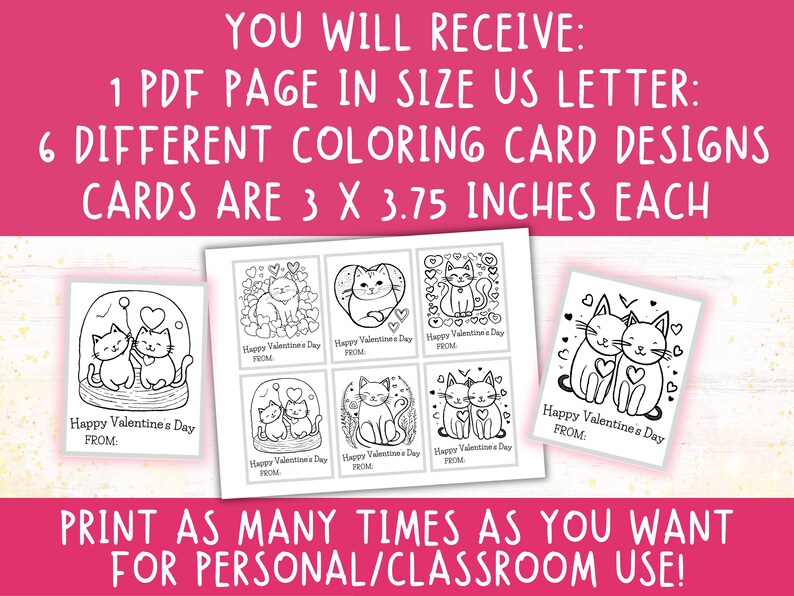 Cat Valentine Coloring Cards: Printable Kitty Class Exchange (PDF) - Etsy