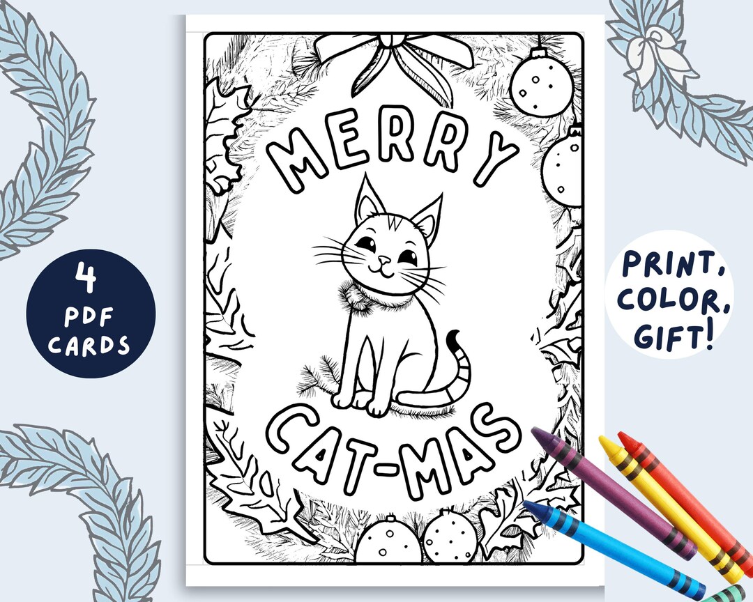 Coloring Christmas Cards ~ Yule Cat Holiday Greetings ~ Meow-y Cat-mas ...