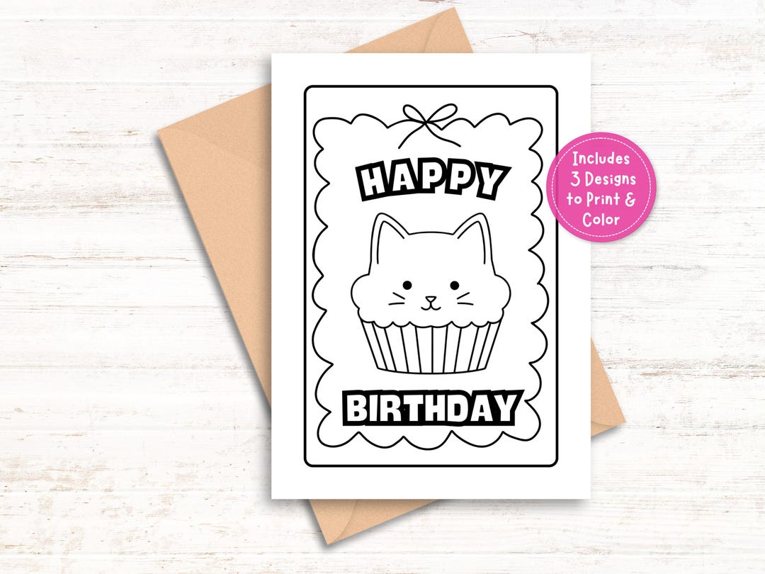 Cat Birthday Coloring Card Bundle - Printable Kitty Theme Cards to ...