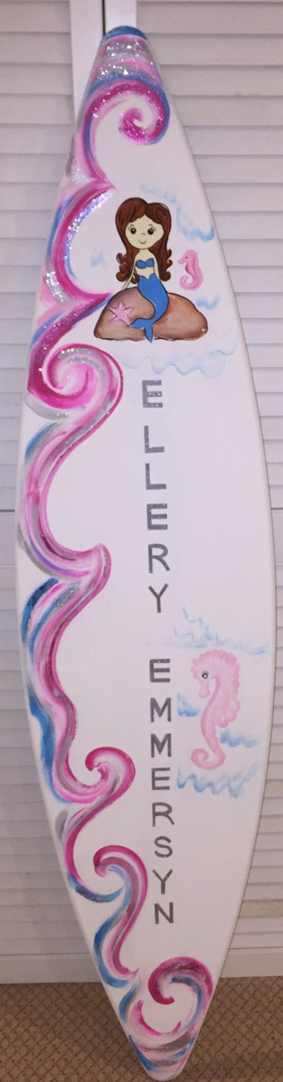 Items similar to 4ft wood custom girl surfboard pink silver white wave ...