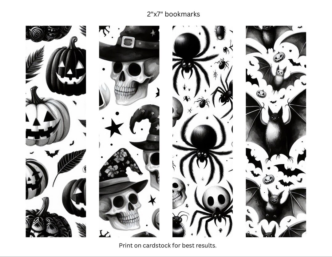 Halloween Bookmarks Black and White Set, Digital Download PDF File ...