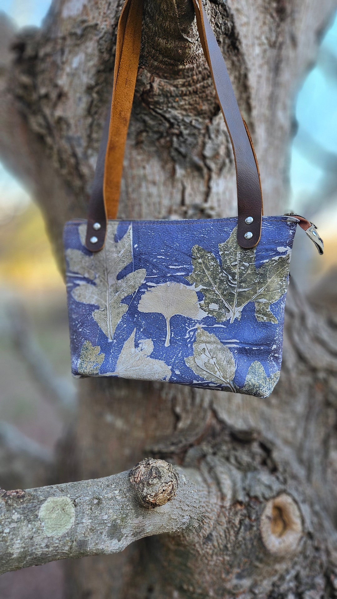 Leather Purse, Blue Ecoprinted Handbag, Beautiful Botanical Designs ...