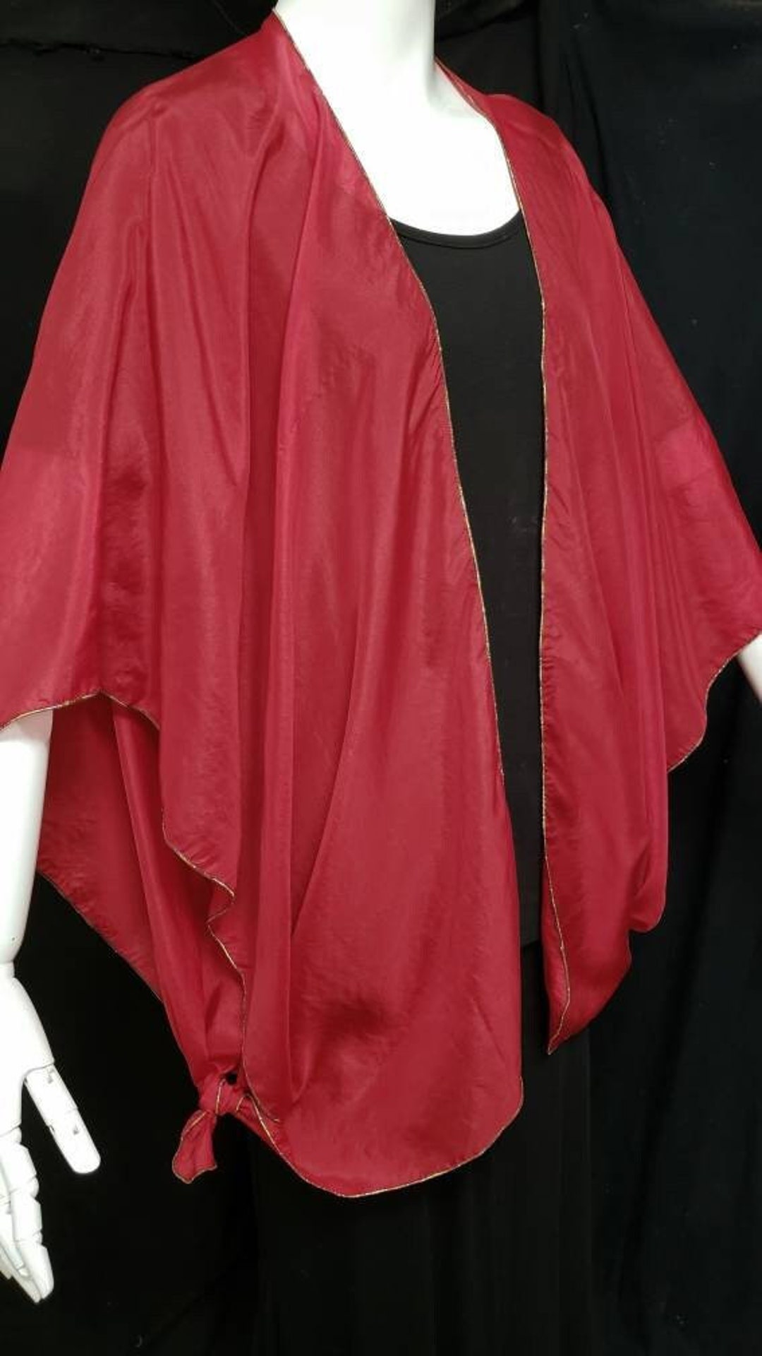 Red Silk Ruana, Kimono Wrap, Shawl, Beautiful Decorative Stitching ...