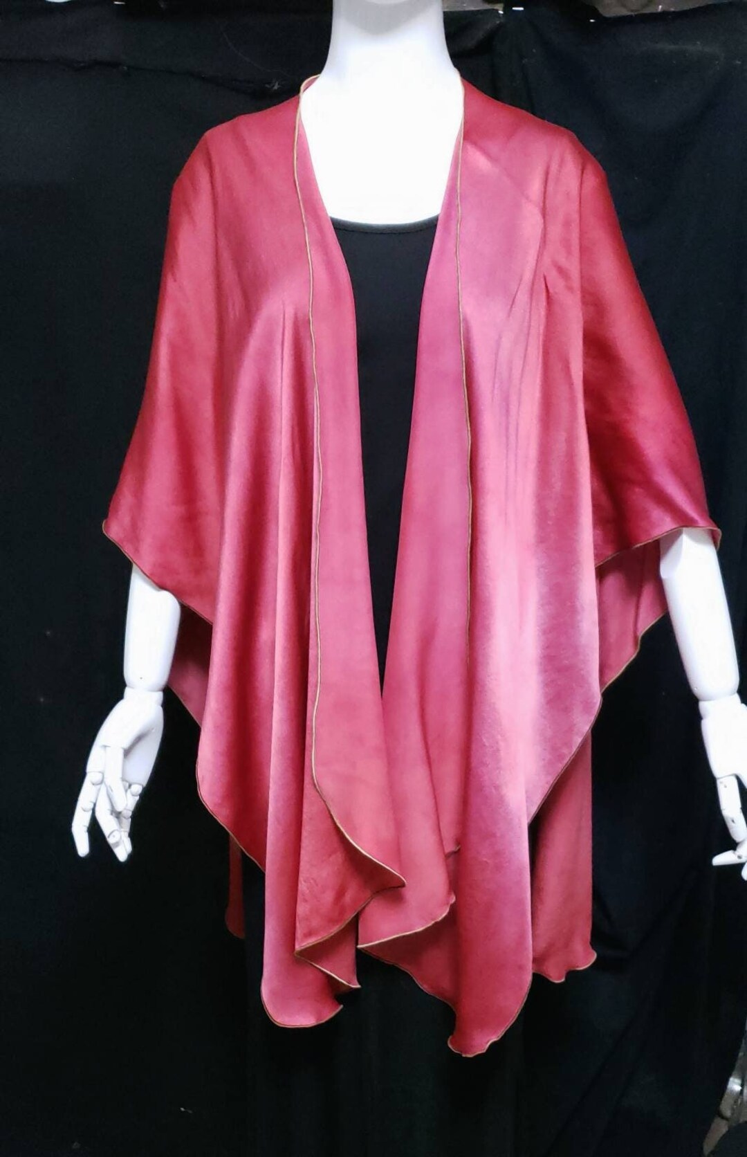 Deep Red Silk Charmeuse, Kimono Wrap, Ruana, Soft Abstract Design, Hand ...