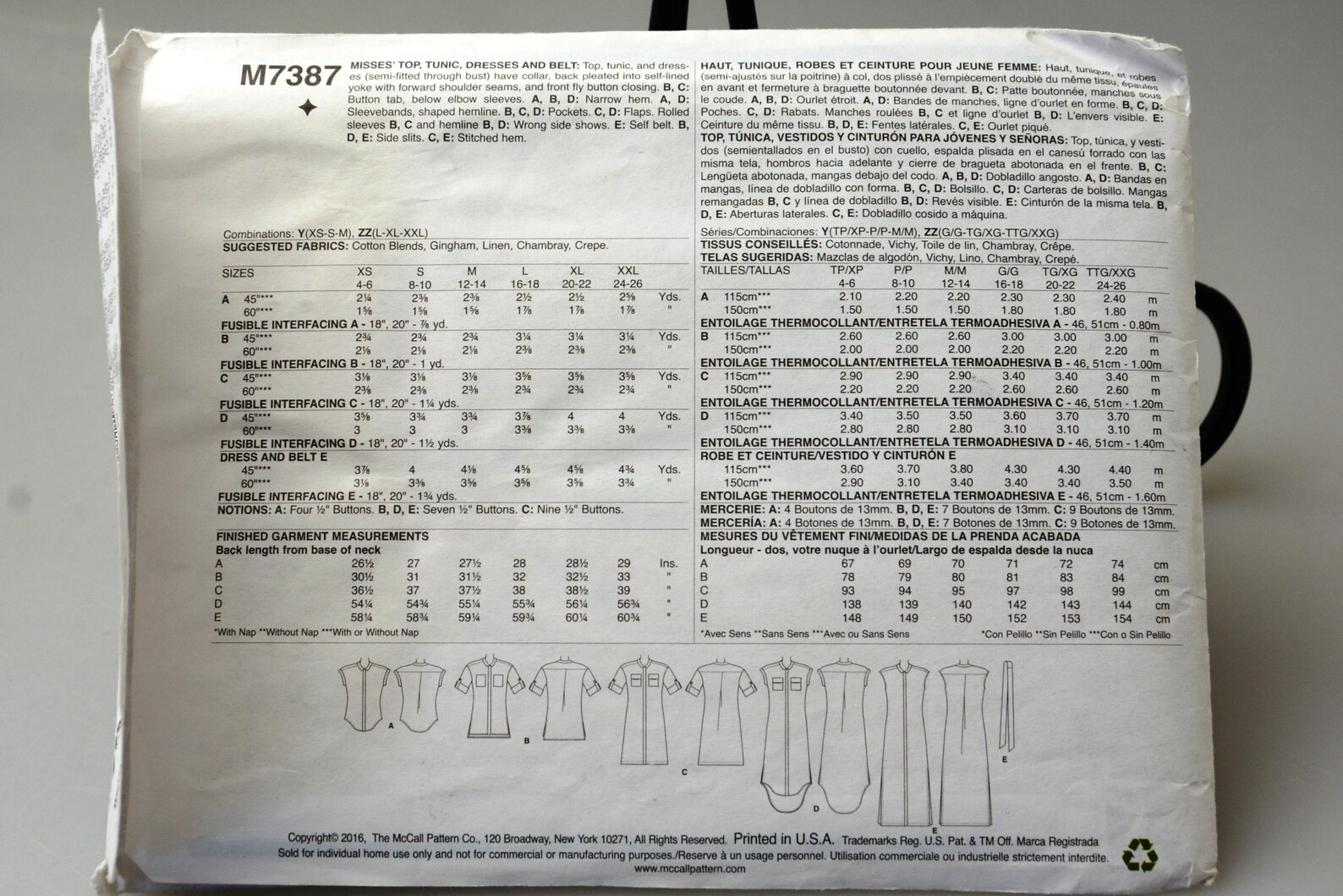 Mccall's M7387 Sewing Pattern: Misses' Shirt Dress, Tunic, Top (XS-S-M ...