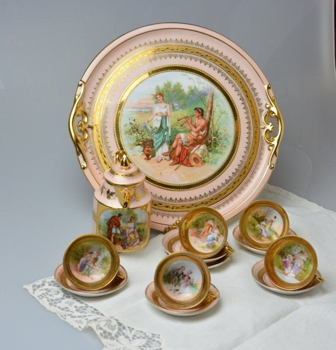 Antique Porcelain Coffee/tea Set Classic Court Scenes Beehive - Etsy