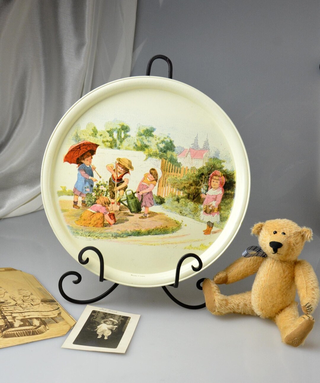Round Tin Tray XIX Century Children's Scene Collectible Massilly France ...